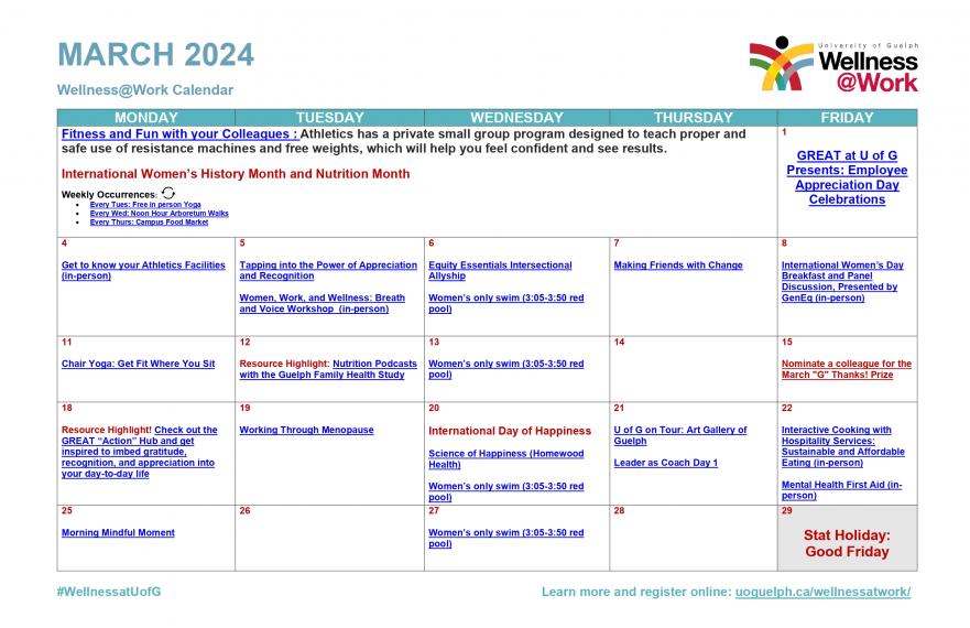 View the March 2024 Programming Calendar! | Wellness@Work